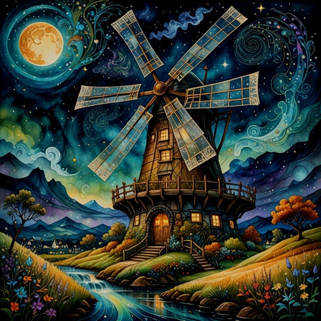 Windmill Dreams - Whimsical Dutch Windmill Under Starry Nigh...