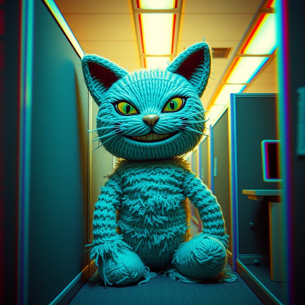 Grotesque Yarn Cat Doll Lurks in Office Cubicle wi... - AI Art