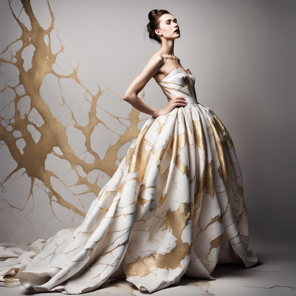 fashion design of white marble dress ball gown full body view. draping ...