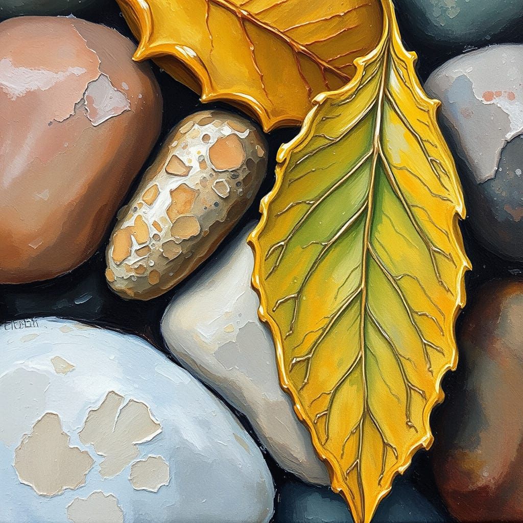 A close-up of natural textures, like stones and leaves, showcasing ...
