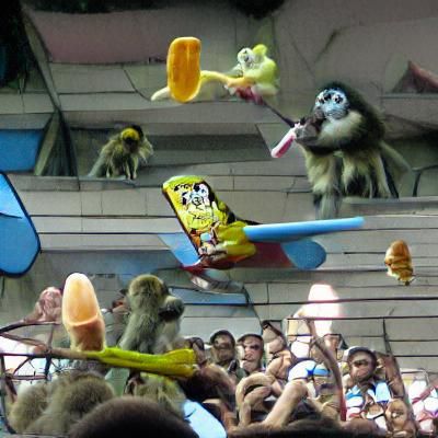 A flying monkey eating a popsicle over a crowd of SpongeBob characters ...