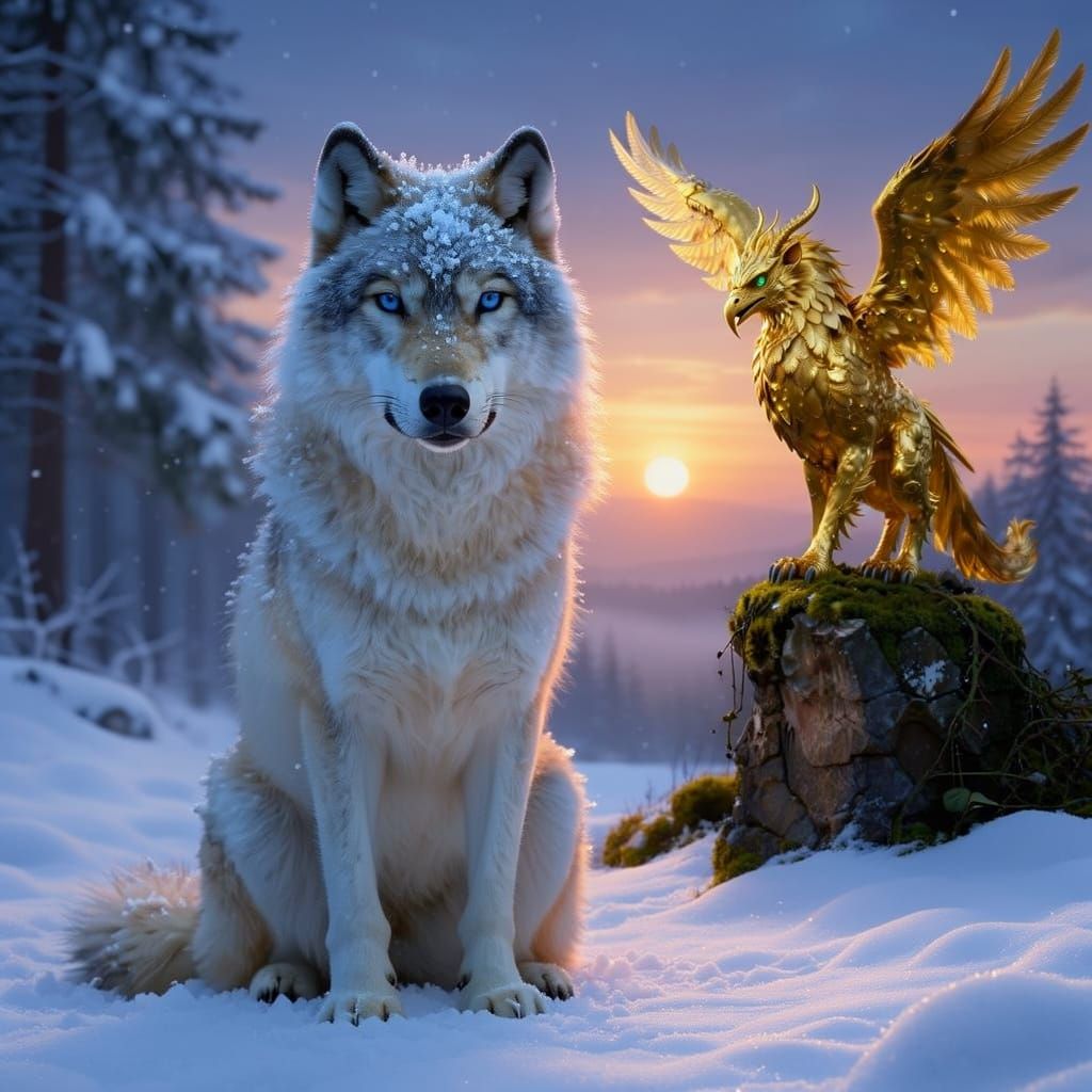 Majestic Snow Wolf and Griffin in Snowy Forest - AI Art