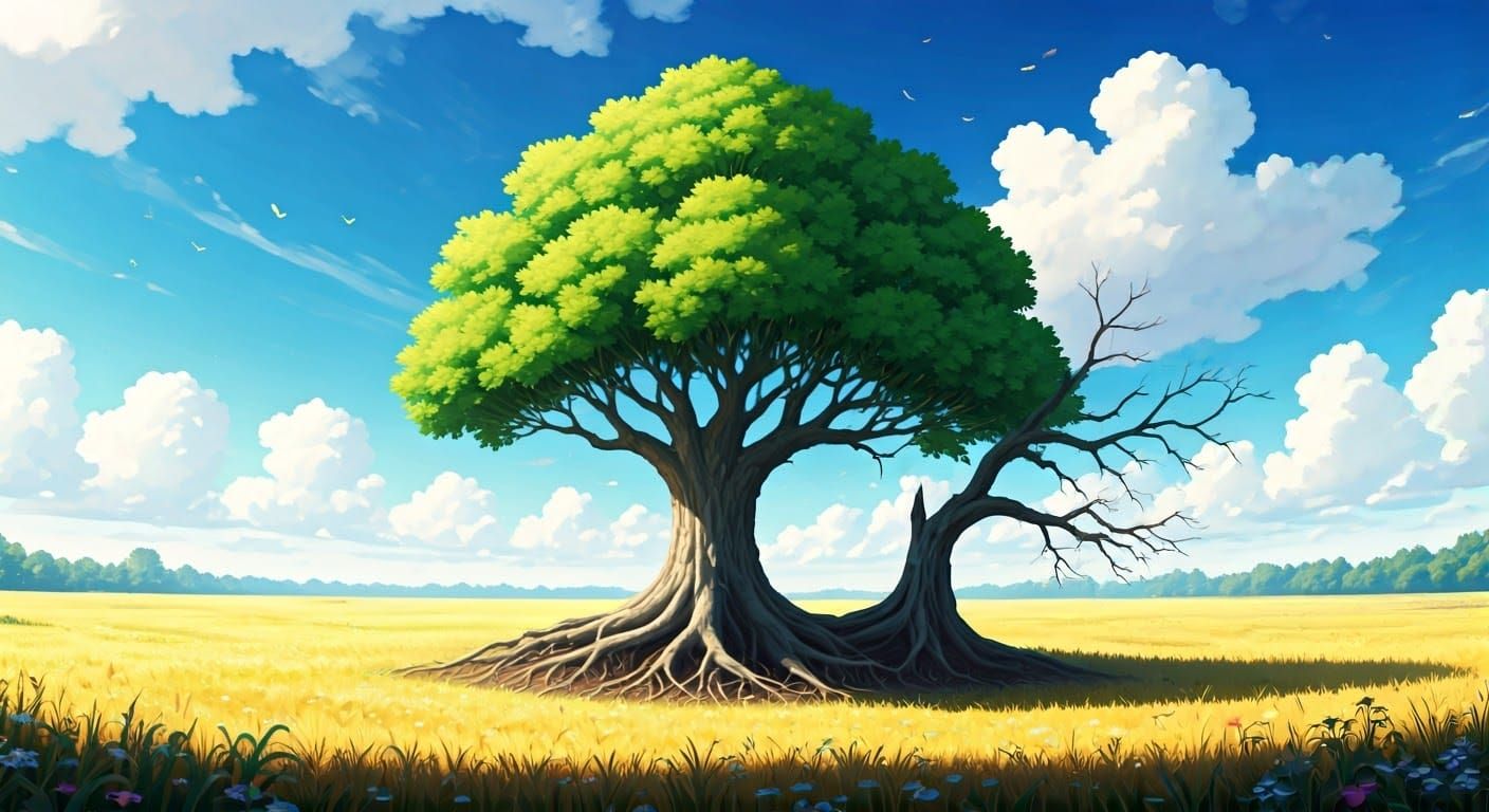 A living tree besides a withered dying tree in the field