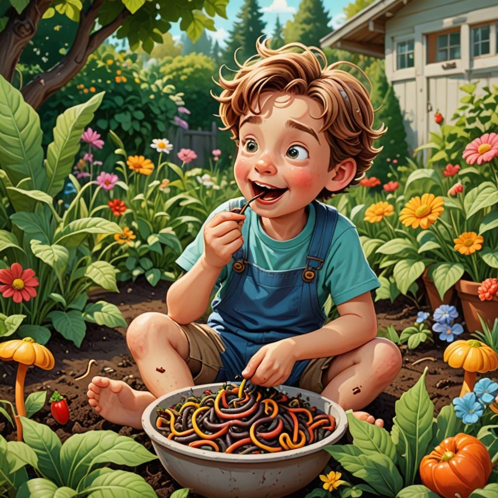 That Kid Eating Worms - Vibrant Saturday Morning Cartoon Boy...