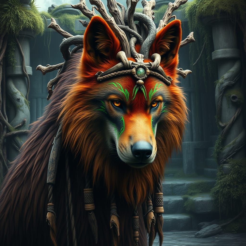 A deep russet wolf with a thick, vine-entwined mane, braided with bear ...