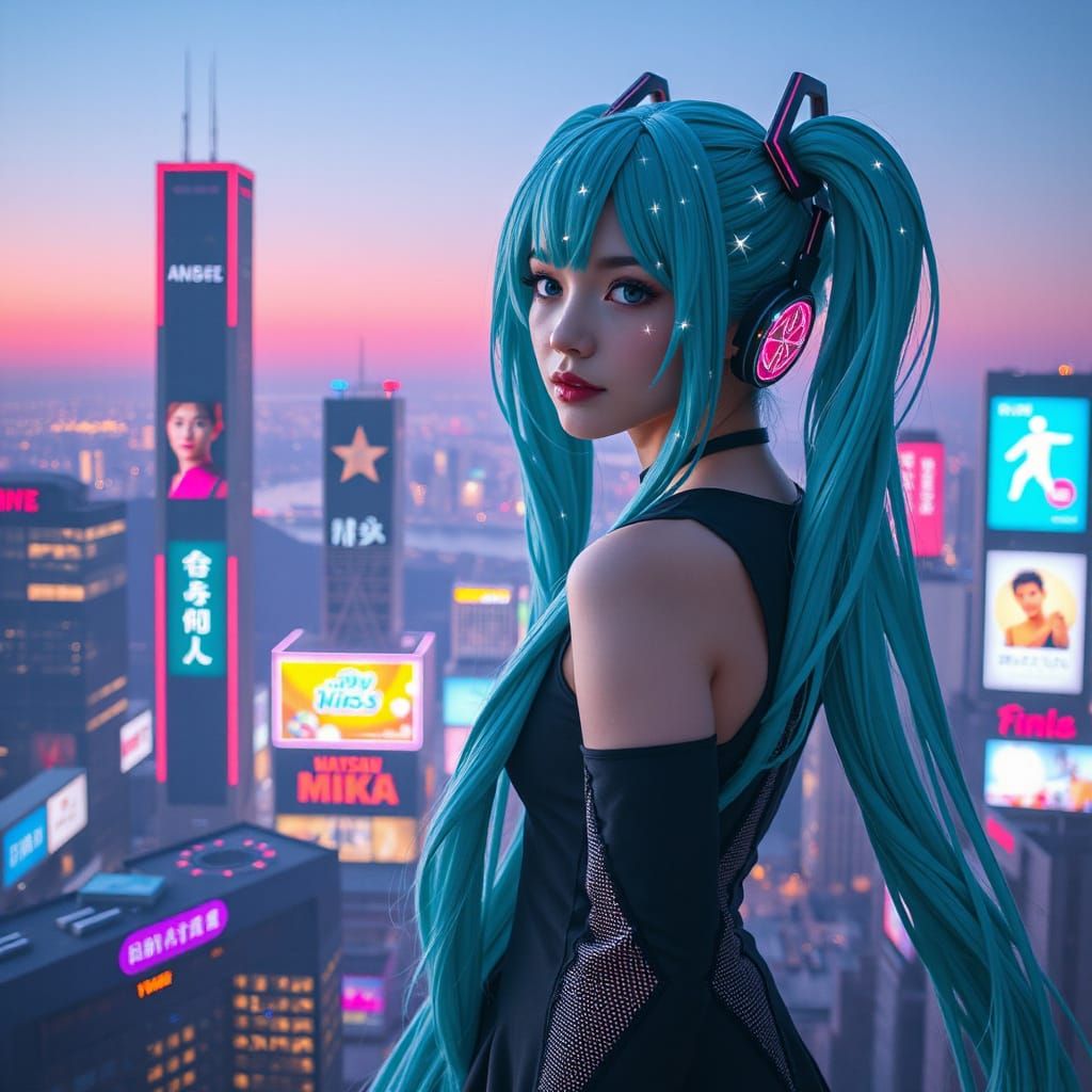 Hatsune Miku in Cyberpunk Cityscape - AI Art