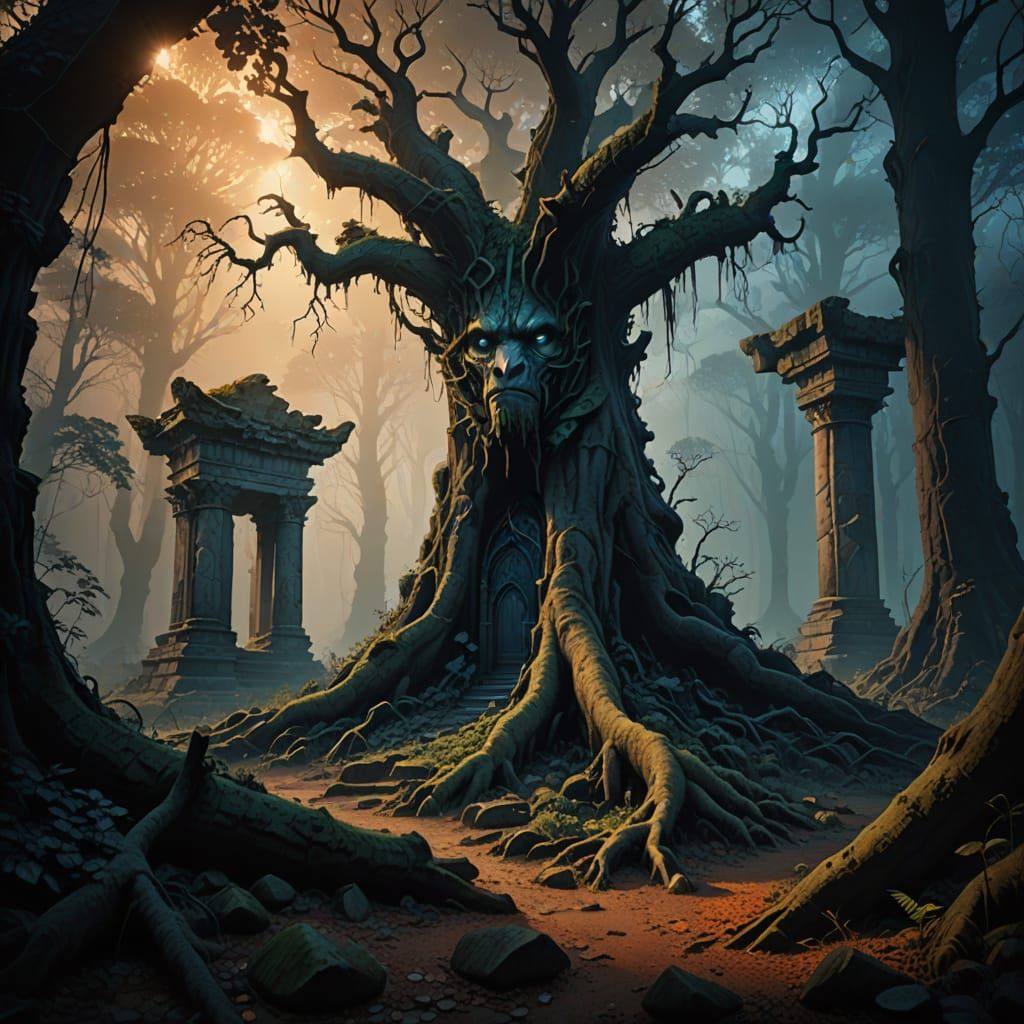 Ethereal Fantasy Art: Ancient Ent in Ruined Temple - AI Art