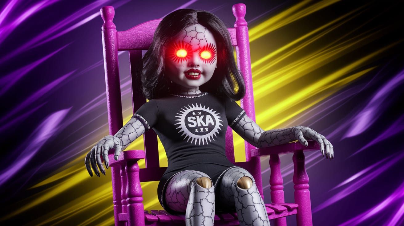 Evil ragdoll, seen sitting in a pink painted rocking chair. Her eyes ...