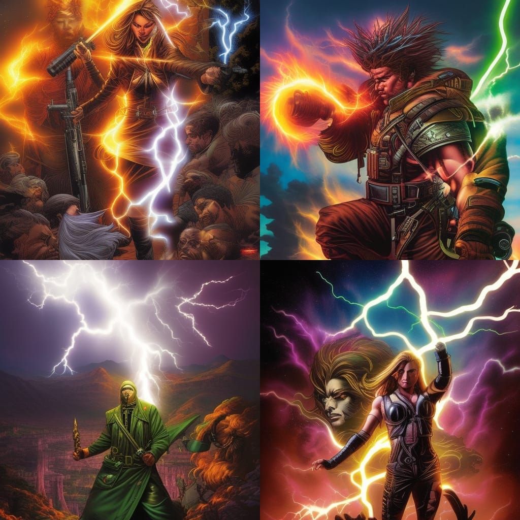 Weakling transformed into superhero by lightning, double exposure, Mark ...