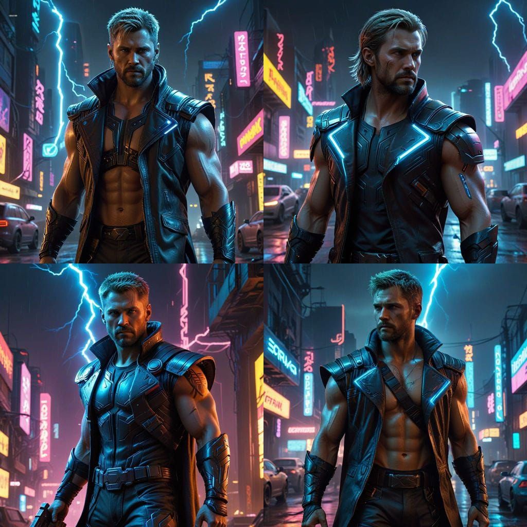 Cyberpunk Thor Smashes through Neon City - AI Art