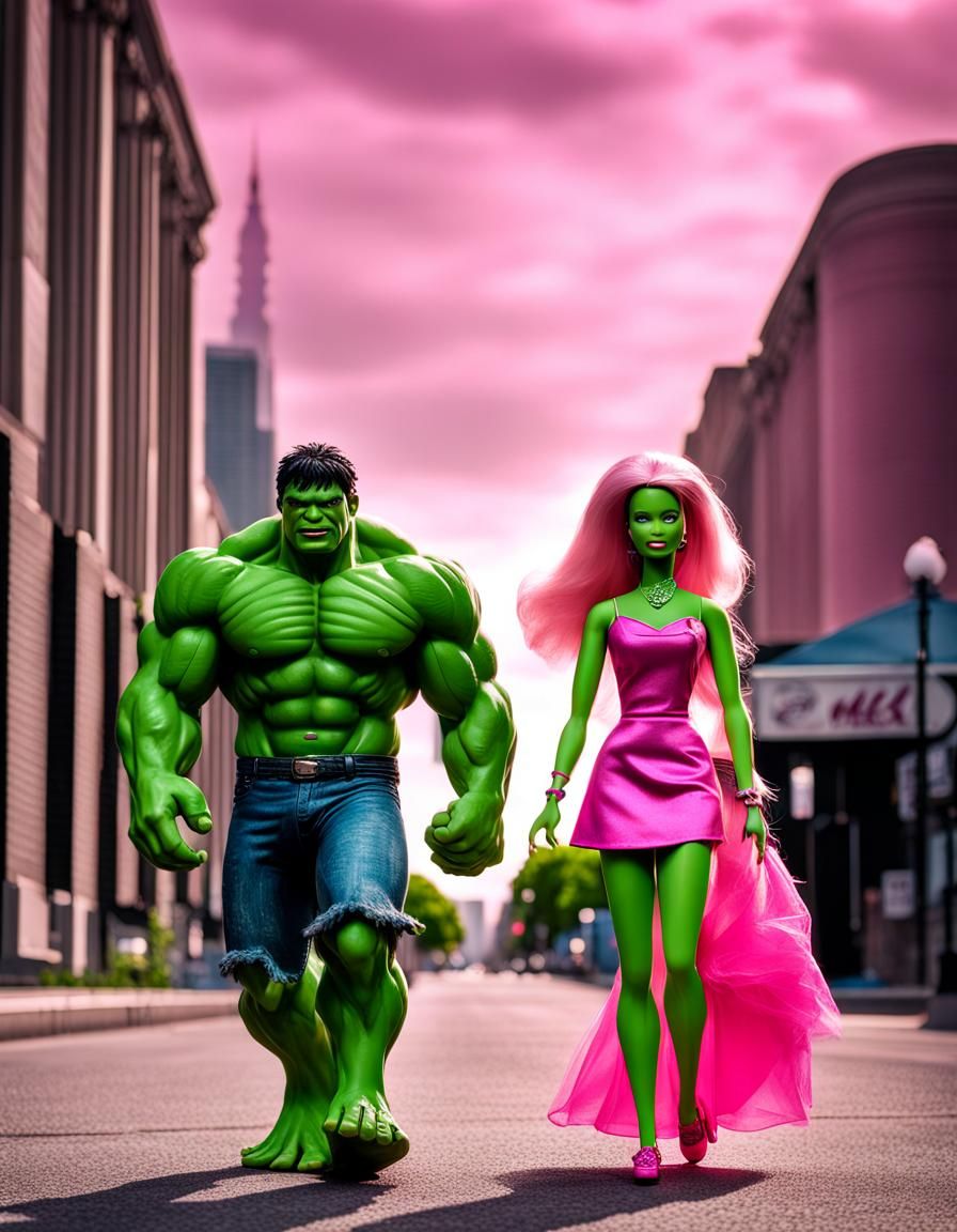 Green Hulk and pink Barbie walking hand in hand as a couple, intricate ...