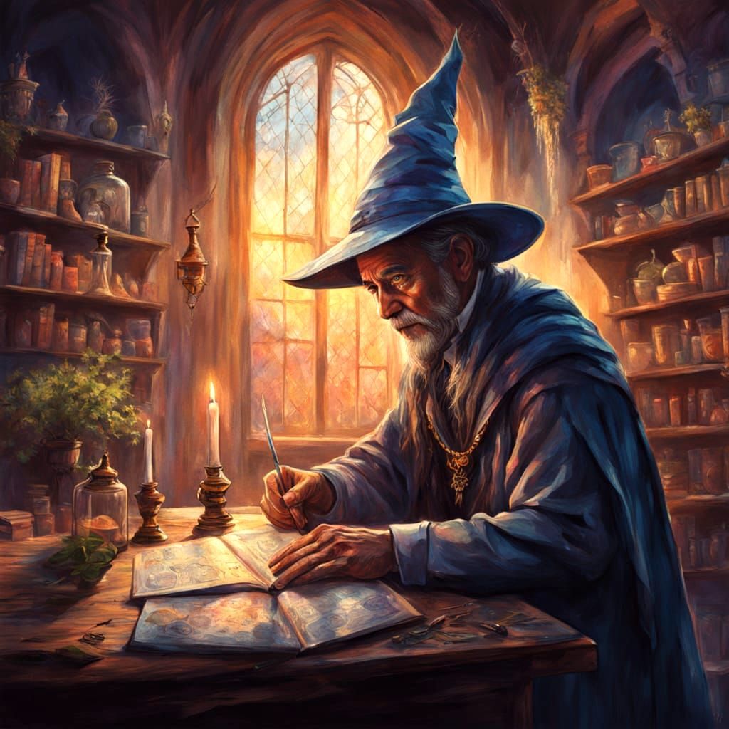 A wizard writing magic potions in his study