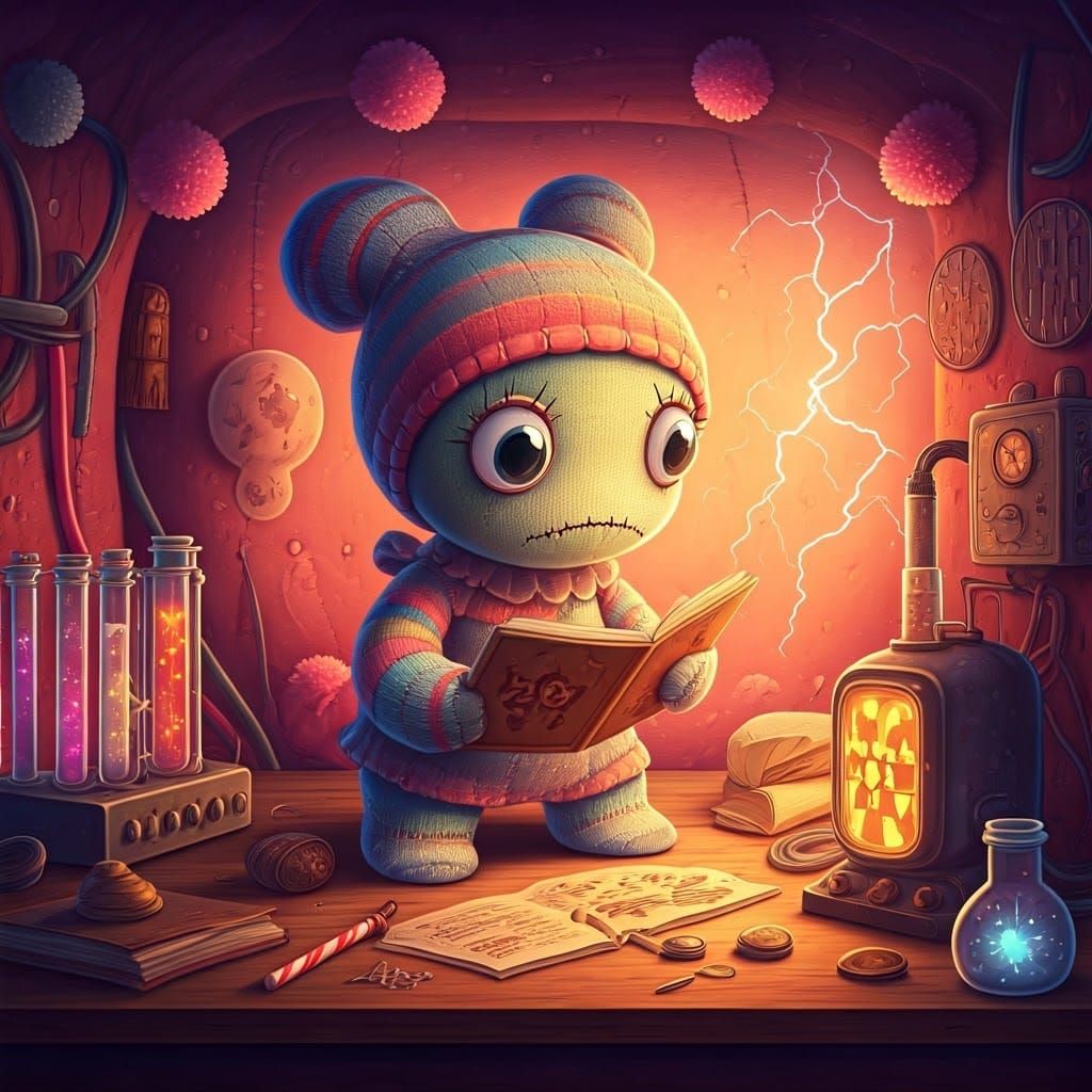 “Stitchie the Sock Golem’s Day of Dangerous Discovery” In a softly lit ...