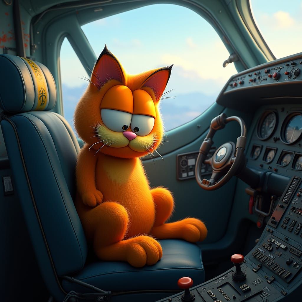 Boeing B-29 Cockpit, Garfield the cat sitting in a chair