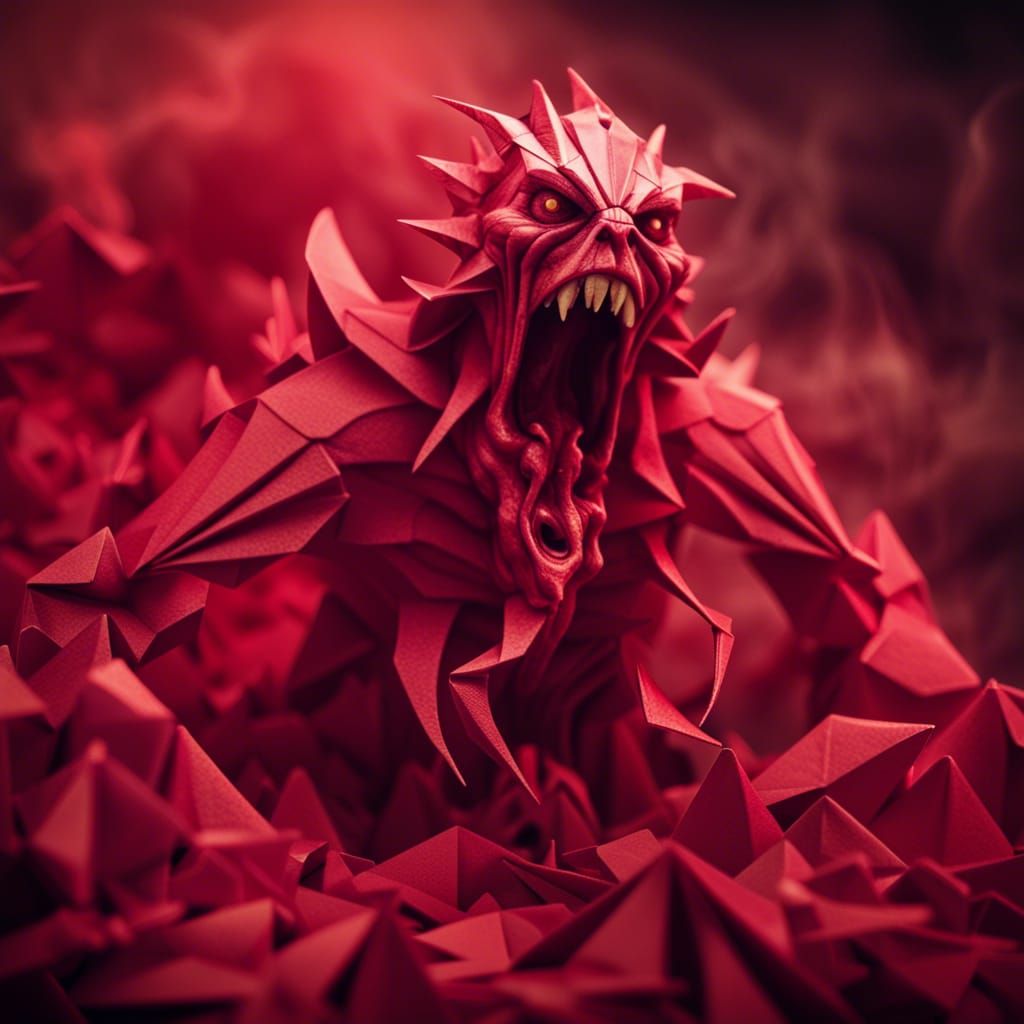 Origami style demon screaming into a reddish hellscape - AI Generated ...