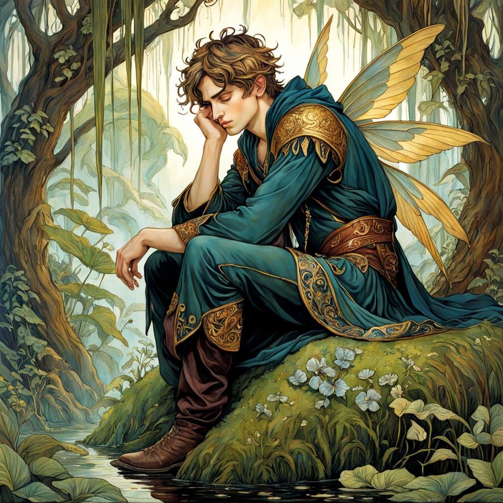 weeping handsome male-fairy, 18, everglades, hyper... - AI Art