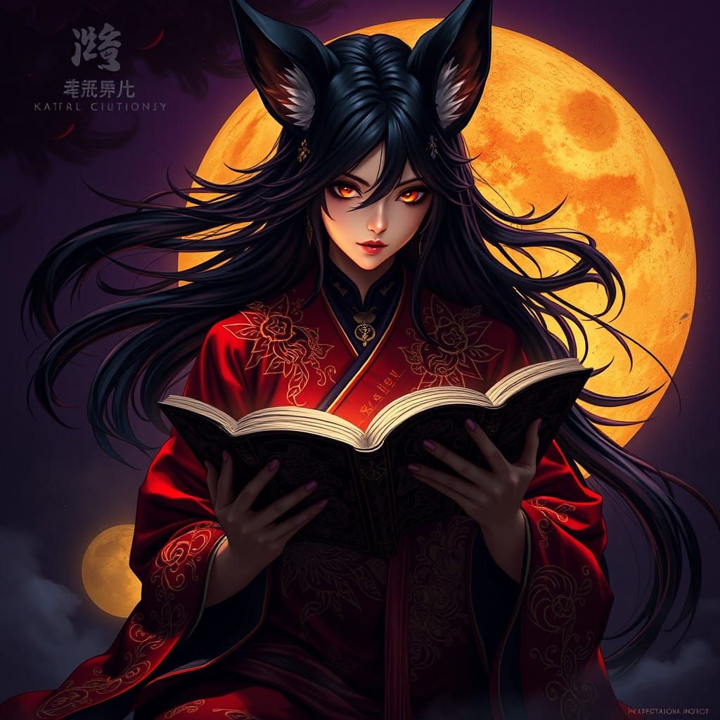 Mysterious Kitsune Goddess in Dark Red Kimono Read... - AI Art