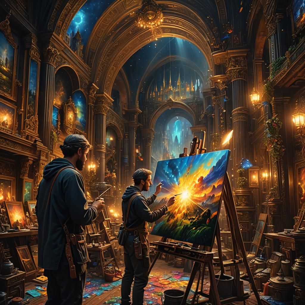An artist painting a canvas with brilliant luminous details - AI ...