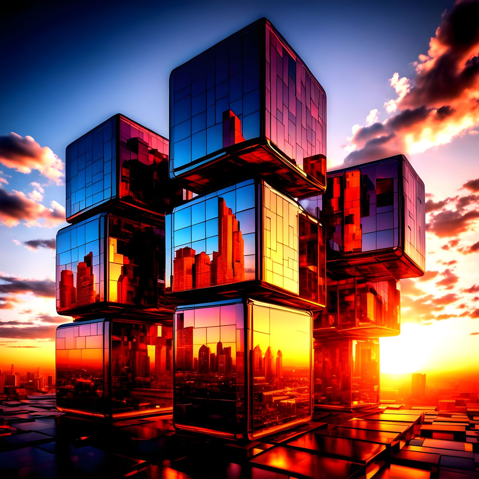 Sunset, city made entirely of cubes, iridescent weird futuristic ...