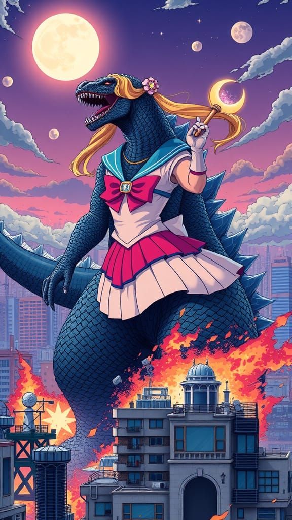 Godzilla in Sailor Moon Costume, Tokyo Cityscape - AI Art