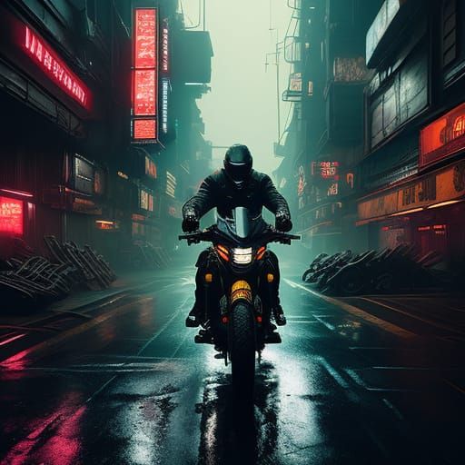 Cyborg Biker - Cyberpunk Biker in Gritty Cityscape