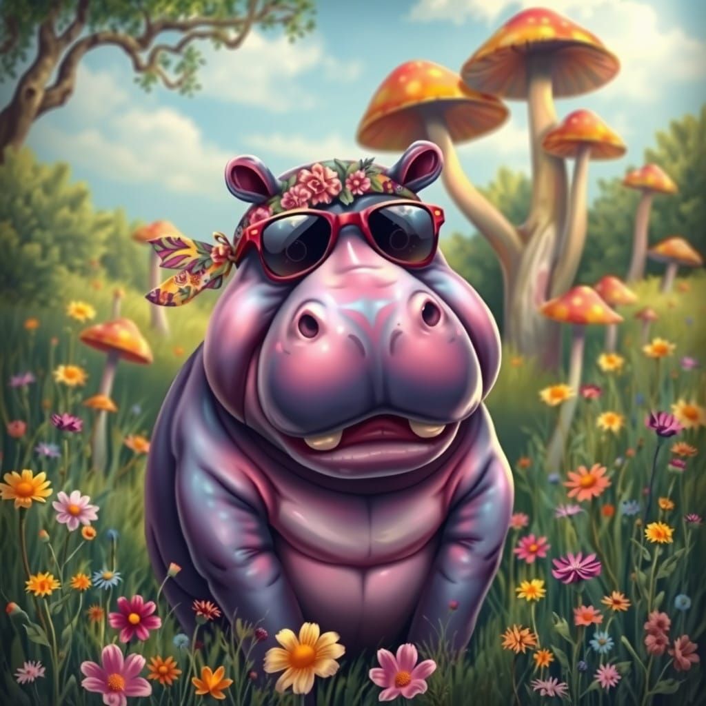 Surrealist Hippo Homunculus in Whimsical Meadow Wo... - AI Art