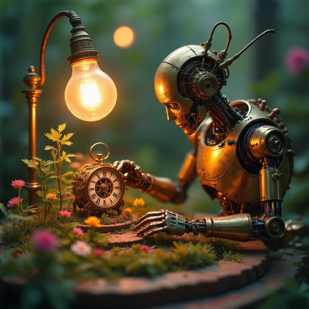 A brass automaton tends to a miniature clockwork garden