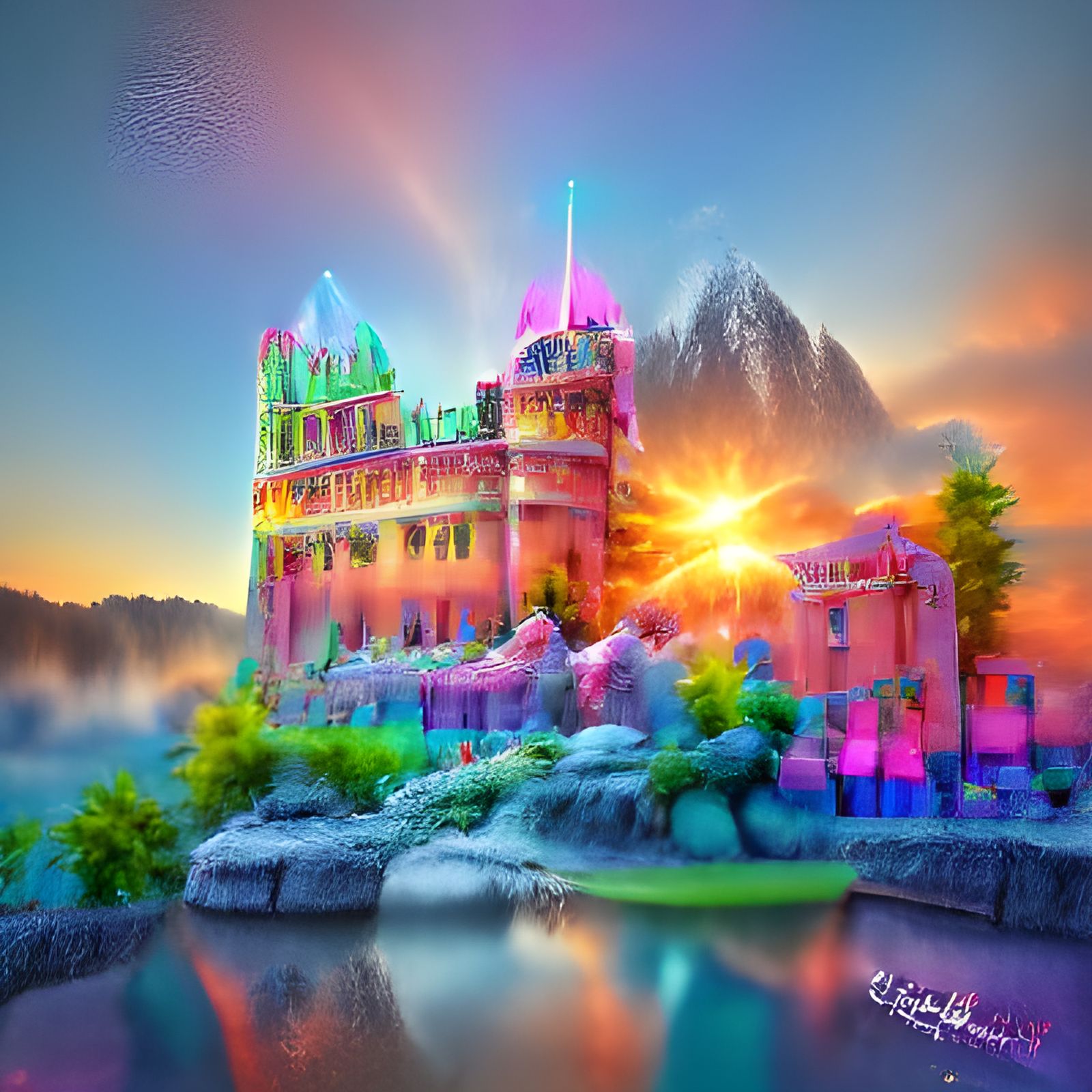 Beautiful Colorful crystalline Castle. neon ray traced sunrise ...