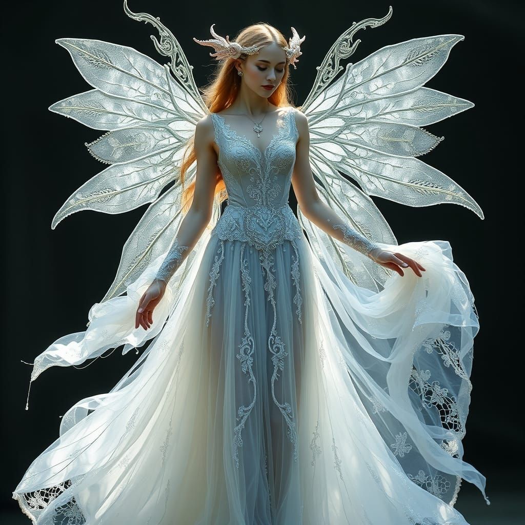 Ethereal Fae Maiden in Shimmering Silver and White - AI Art