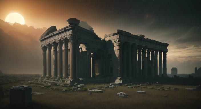 surreal, ancient rome, abandoned temple on exoplanet, wrecked technology, dark clouds, surreal ...