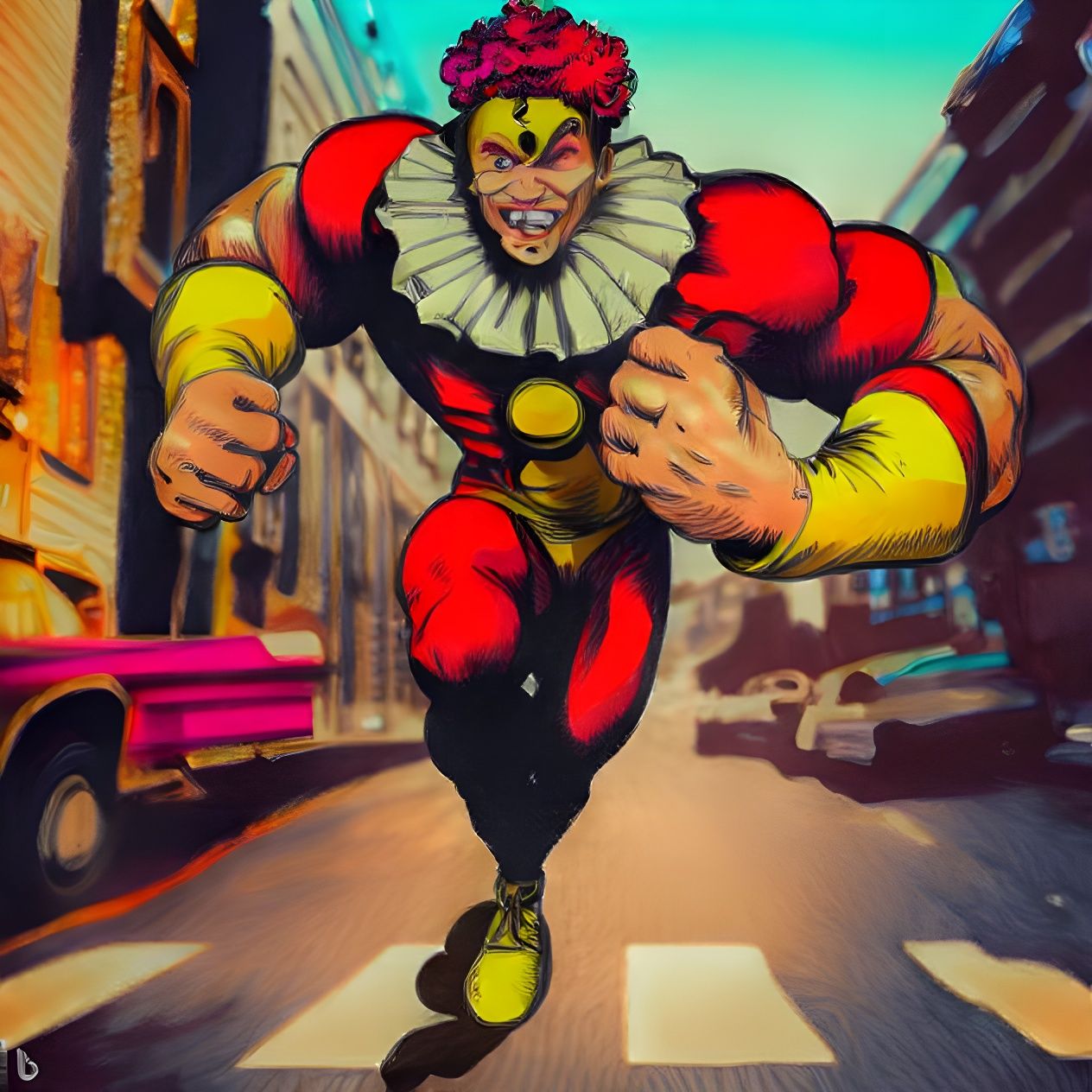 Some clown running in the street - AI Generated Artwork - NightCafe Creator