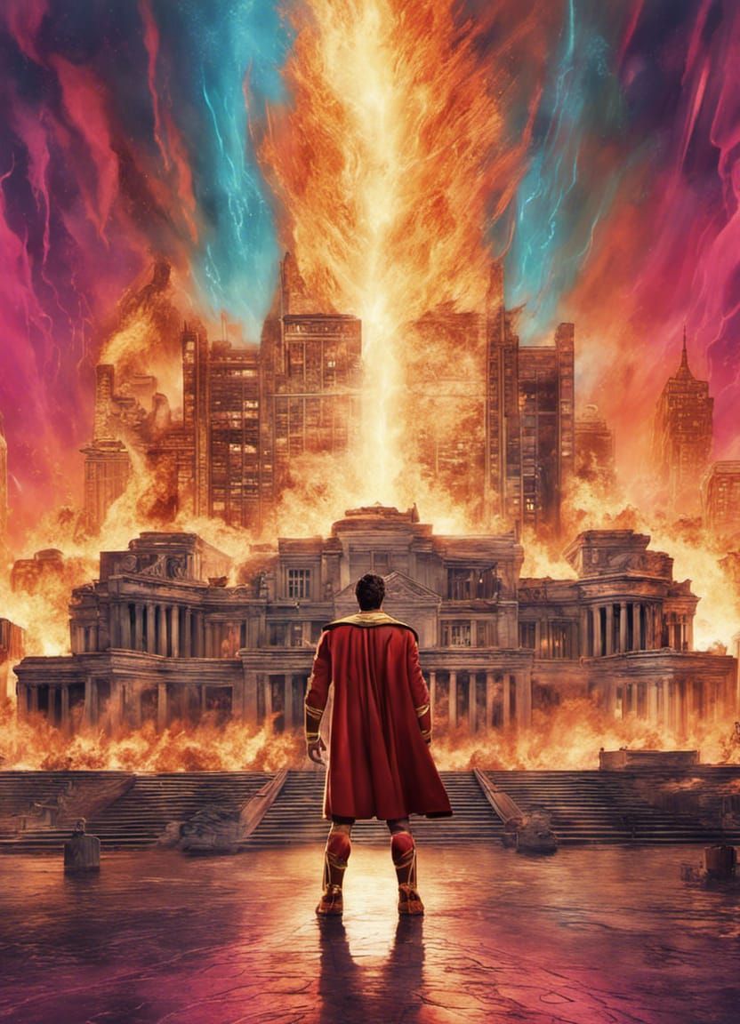 Shazam! Facing burning buildings - AI Generated Artwork - NightCafe Creator
