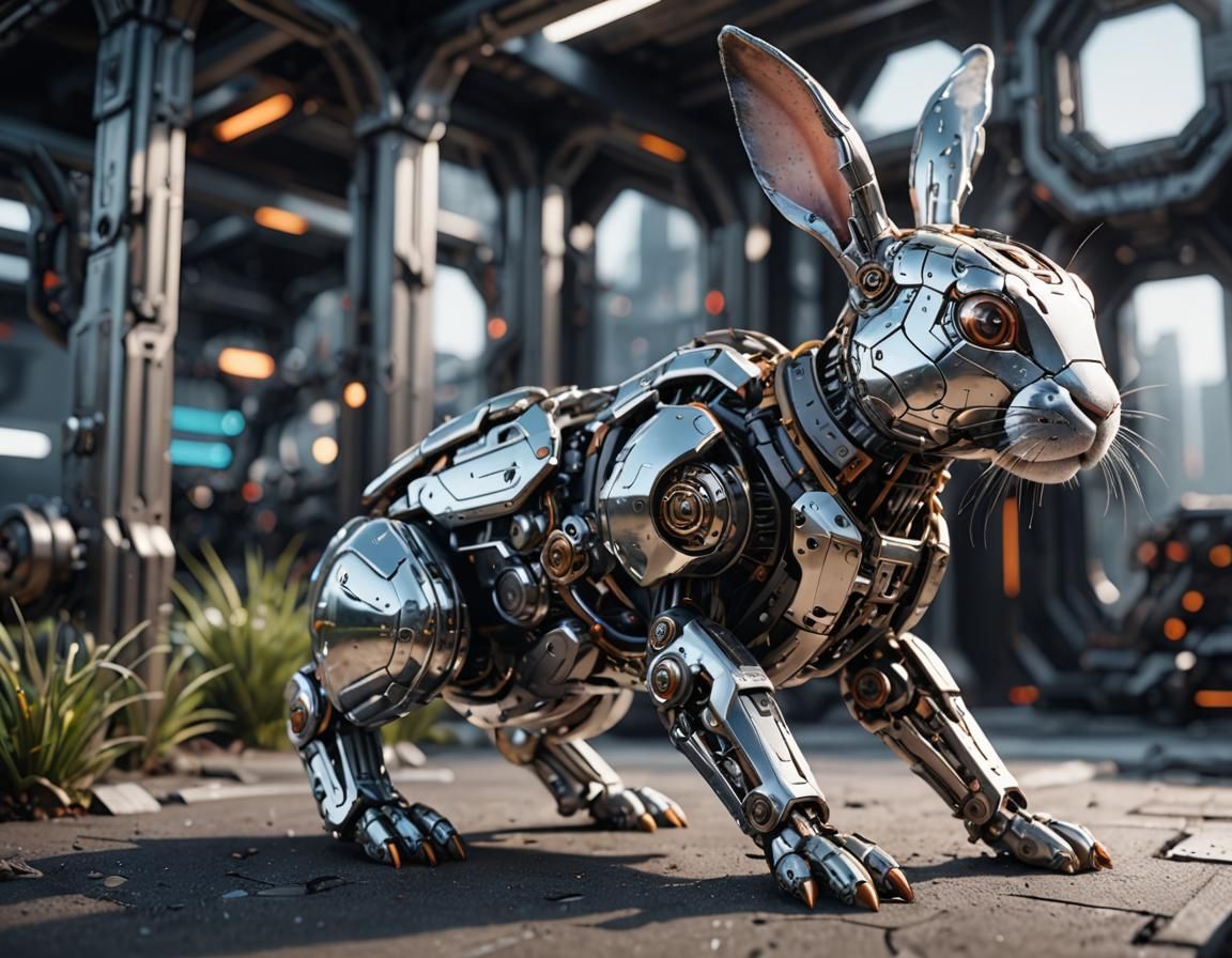 Cyborg pet rabbit, intricate mech details, ground level shot, 8K ...
