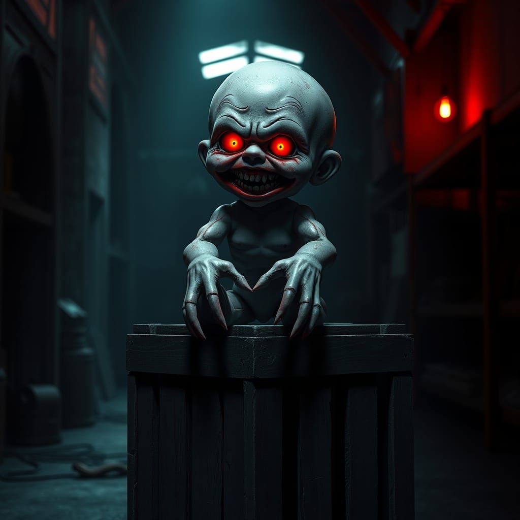 A photo of an evil, demonic haunted red doll with glowing red eyes and ...