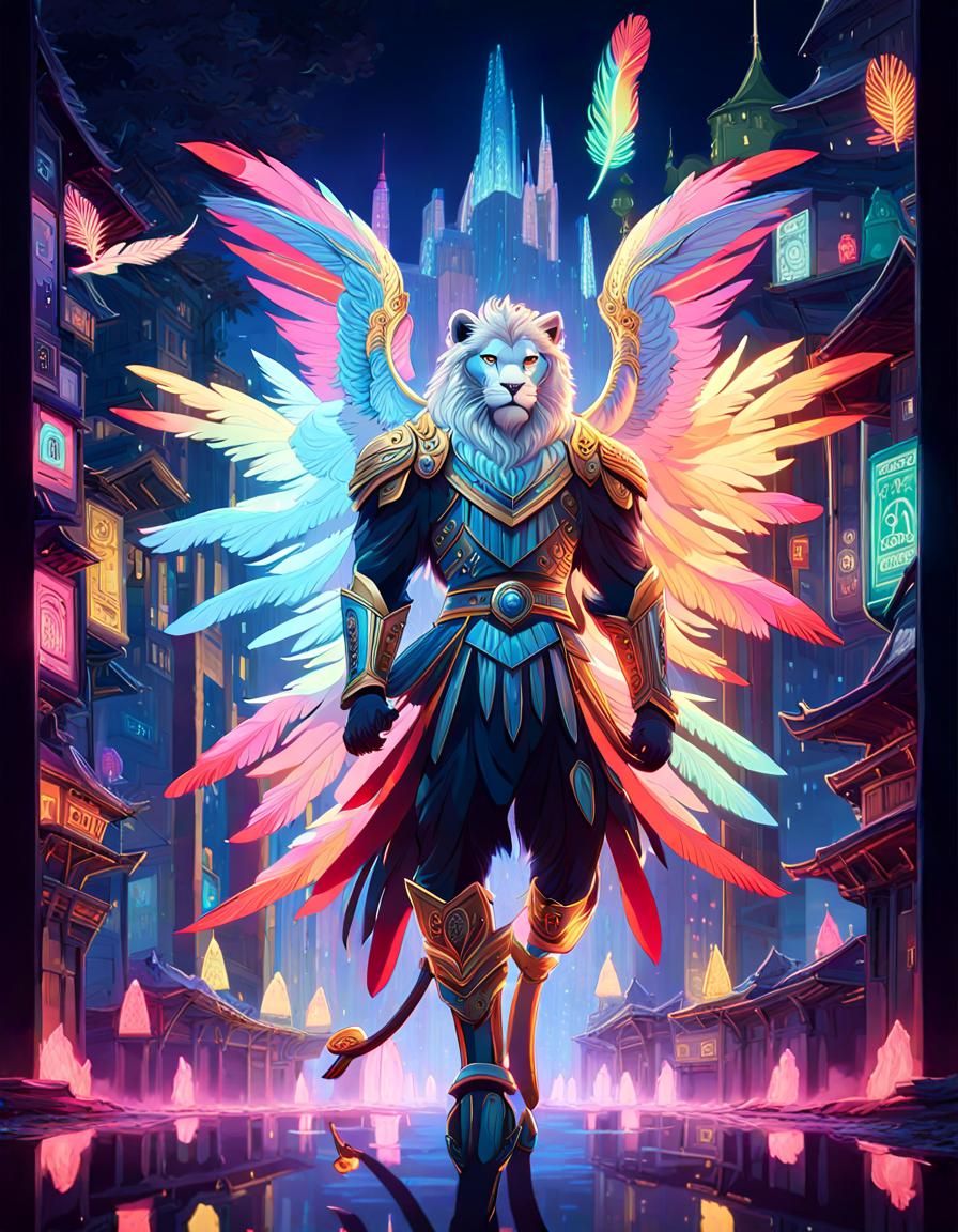 (mythical griffin with burning feathers and lion manein psychedelic ...