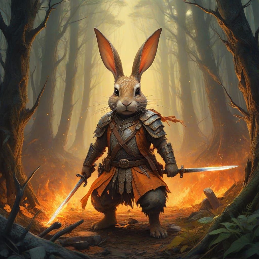 Fantastical Rabbit Wields Blazing Swords in Mystic... - AI Art