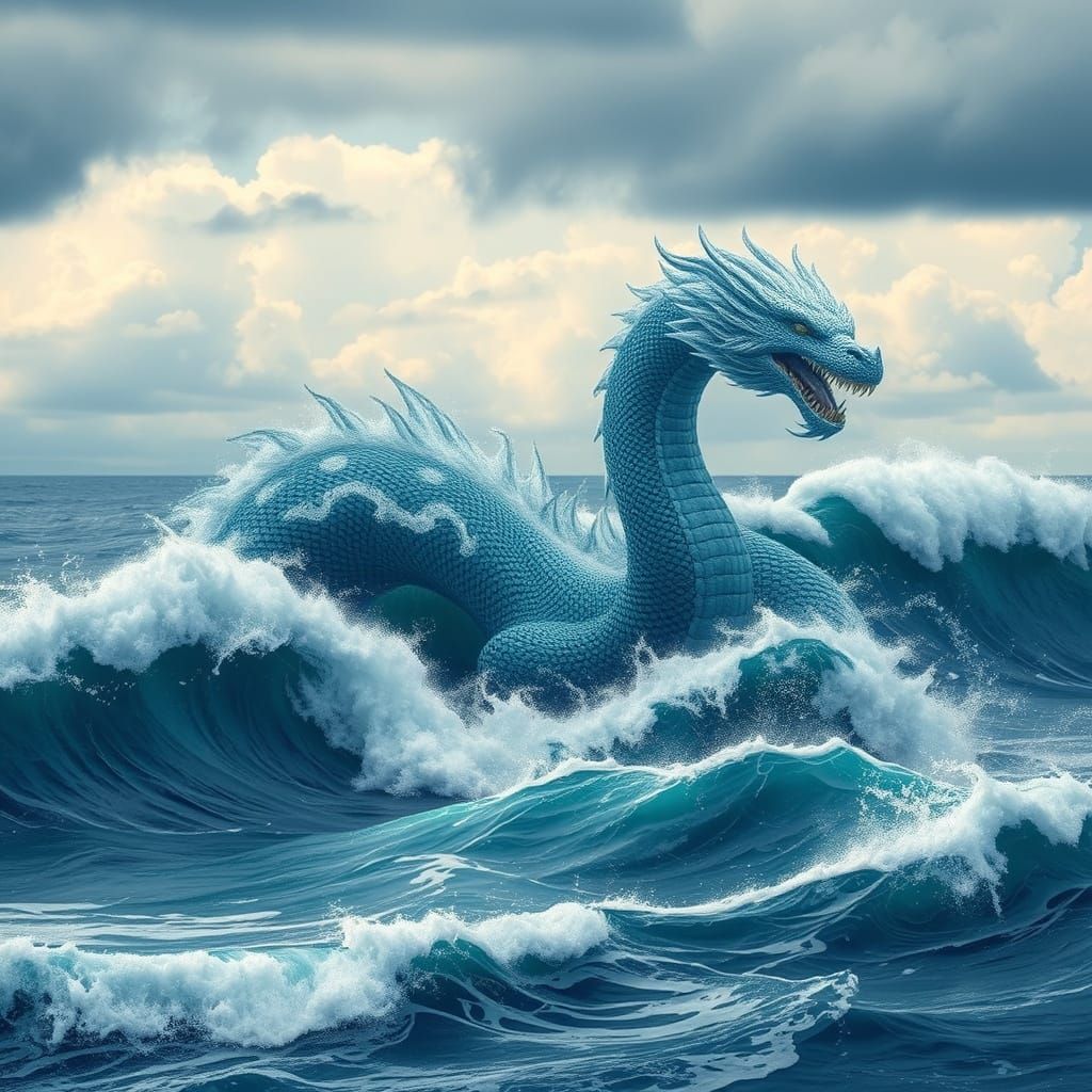 a huge dragon made of water forming a tsunami