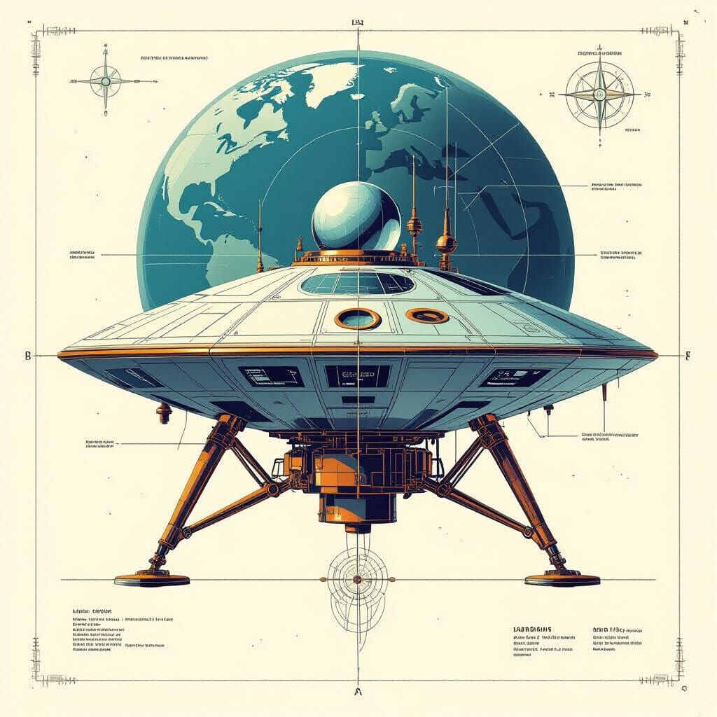 Pedal-Powered Lunar Lander: Sci-Fi Blueprint Art - AI Art