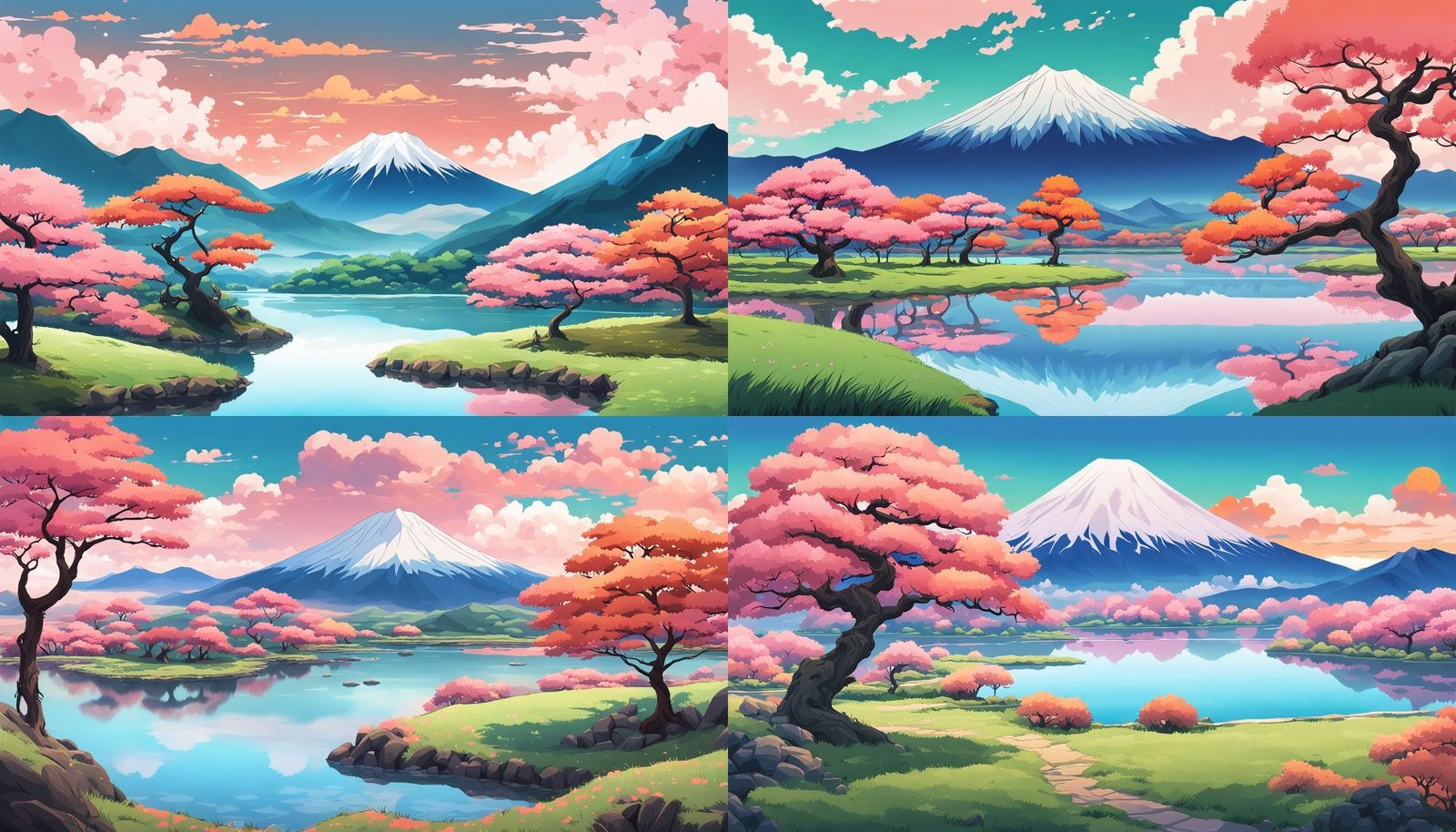 Japanese anime-style landscape with a round pink tree in the left, some ...