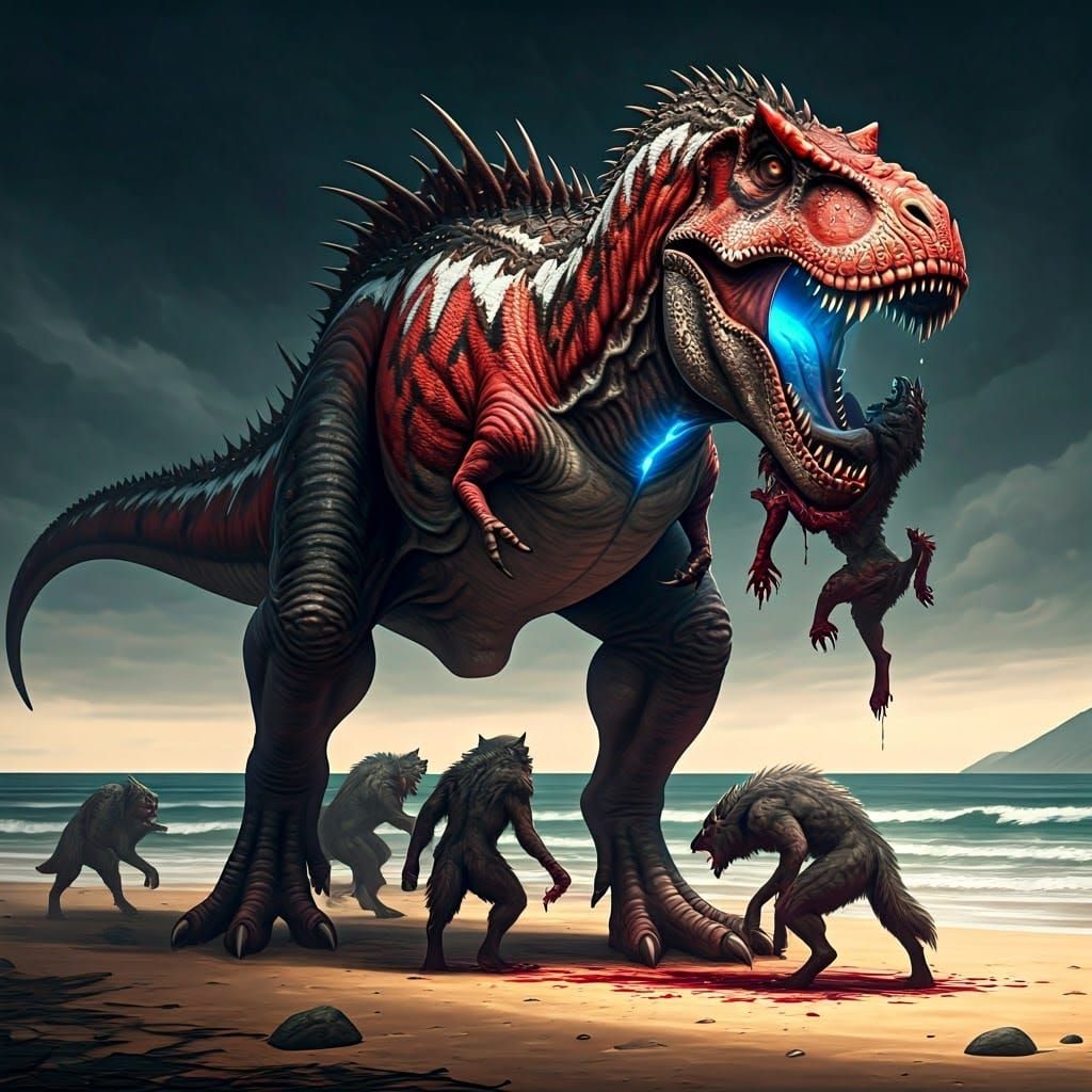 Ferocious, Mutated Tyrannosaurus Rex Battles Werew... - AI Art