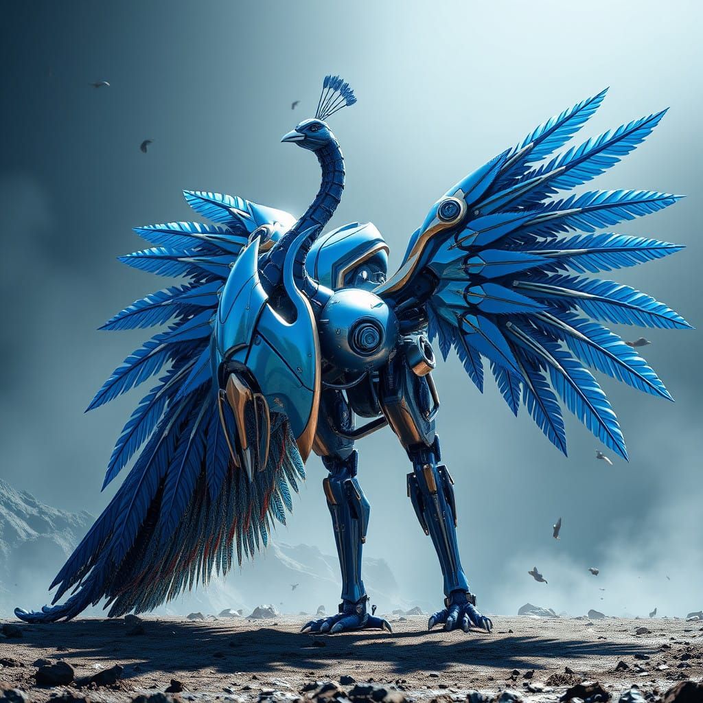 Blue Ultraman Mecha Peacock intricate mech details, ground level shot ...