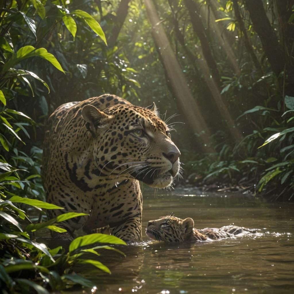 Mama Jaguar and Cub - AI Generated Artwork - NightCafe Creator