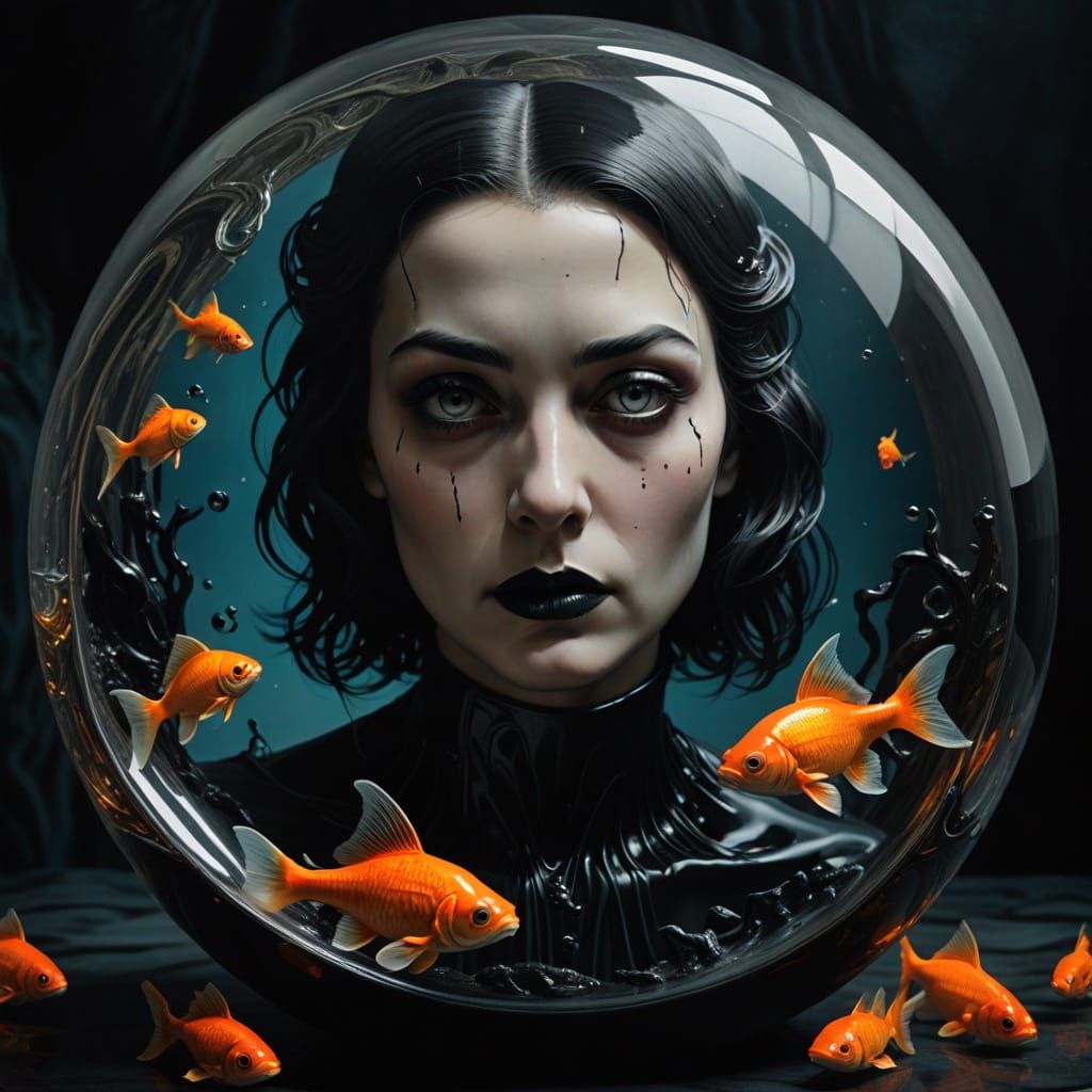 surreal (photorealistic)of a goth woman, swimming in black Emo fish ...