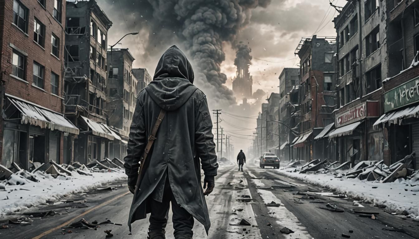 Winter - Post-Apocalyptic Winter Survivor Walks Devastated C...