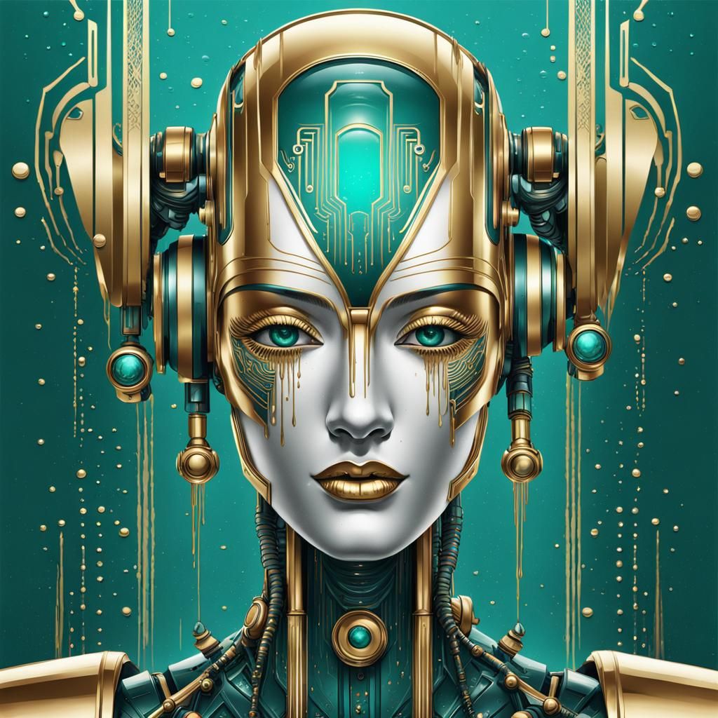 "Art Deco illustration beautiful robot, in the style of realistic hyper ...