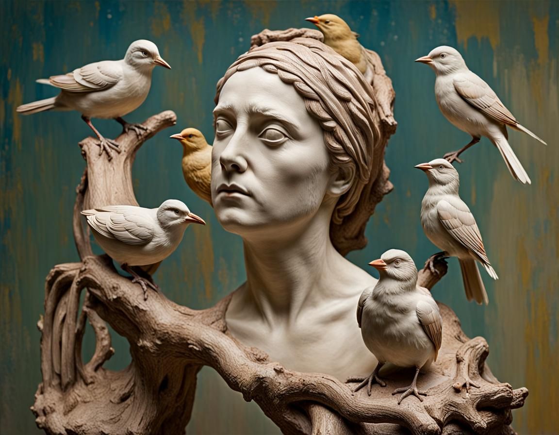 (Sculpture of plaster birds:1.5), detailed highlights and whites ...