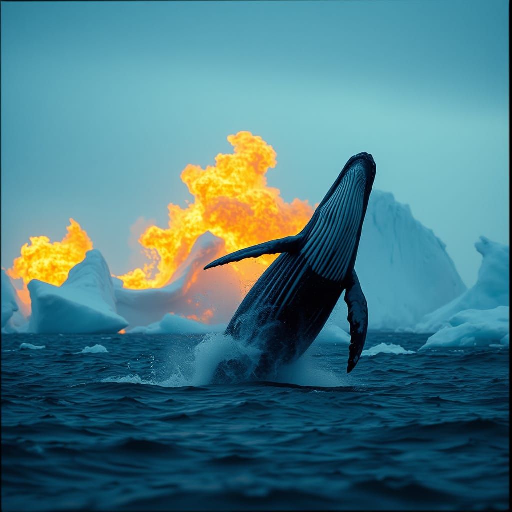 Epic Whale Thrashes in Front of Fiery Icebergs - AI Art