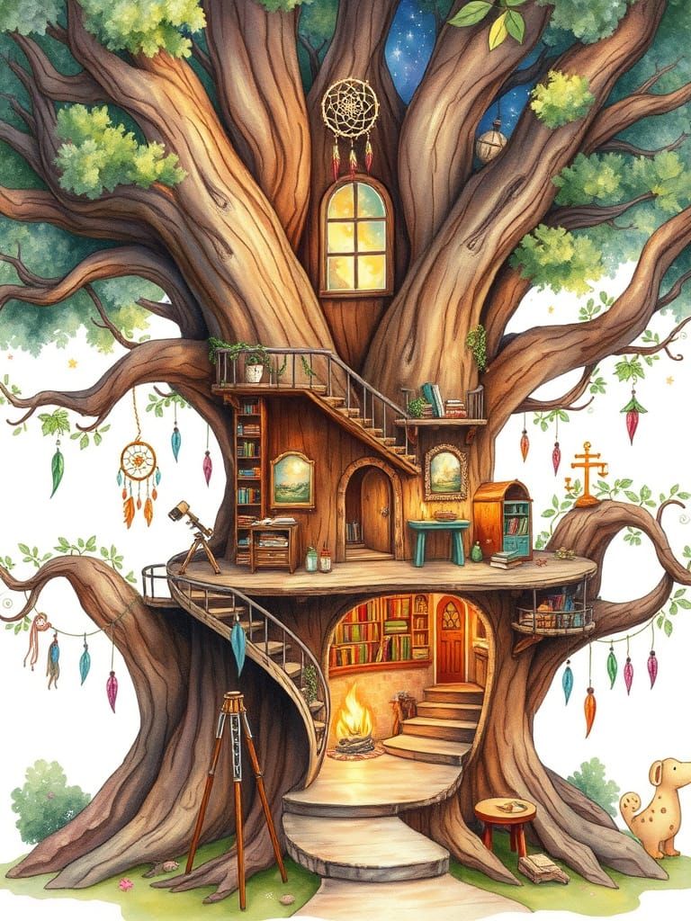 imagine a whimsical treehouse built inside a giant, hollowed-out ...