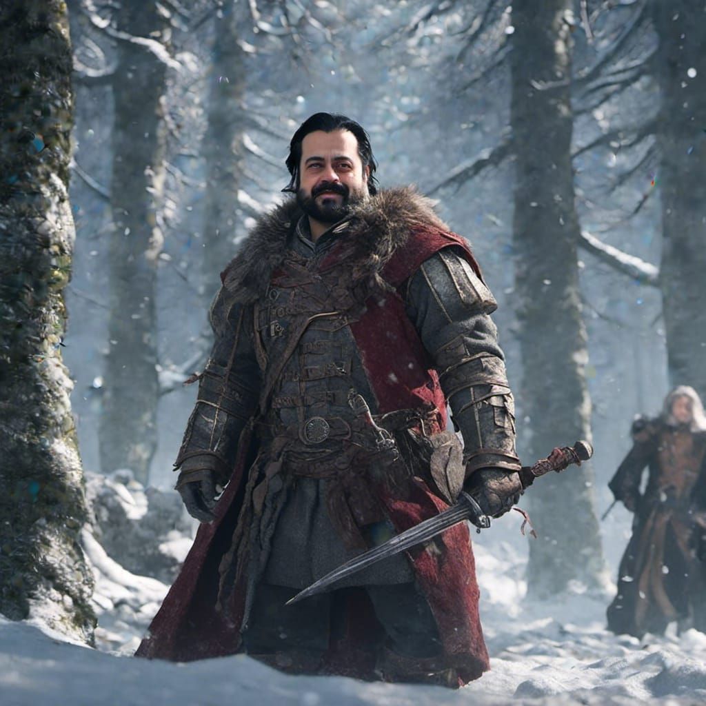 Very handsome man, hard expression, with Lord of The Rings clothing ...