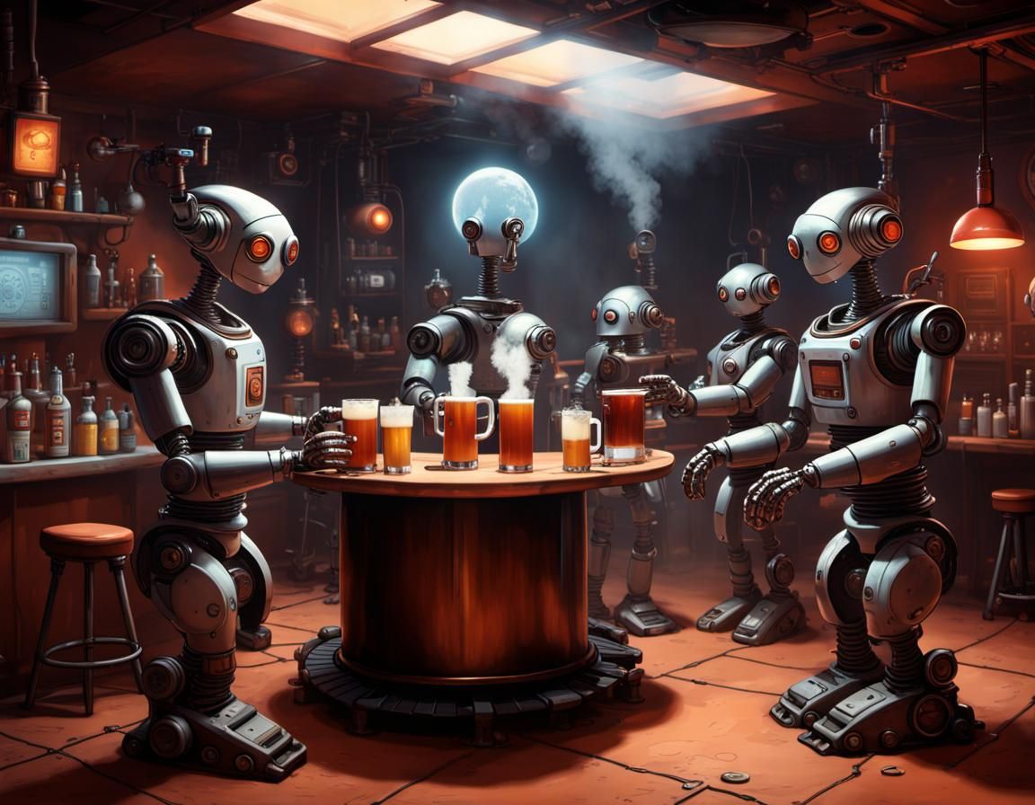 A robot bartender with intricate gears for limbs serves a steaming mug ...